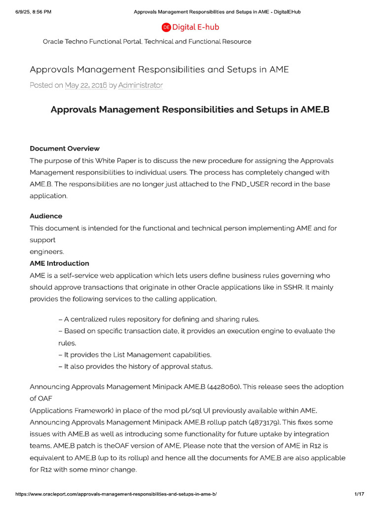 Approvals Management Responsibilities and Setups in AME | PDF