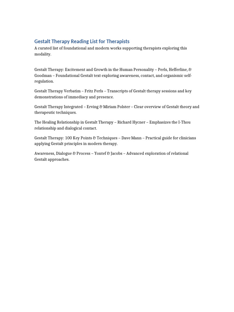 Gestalt Therapy Reading List For Therapists | PDF