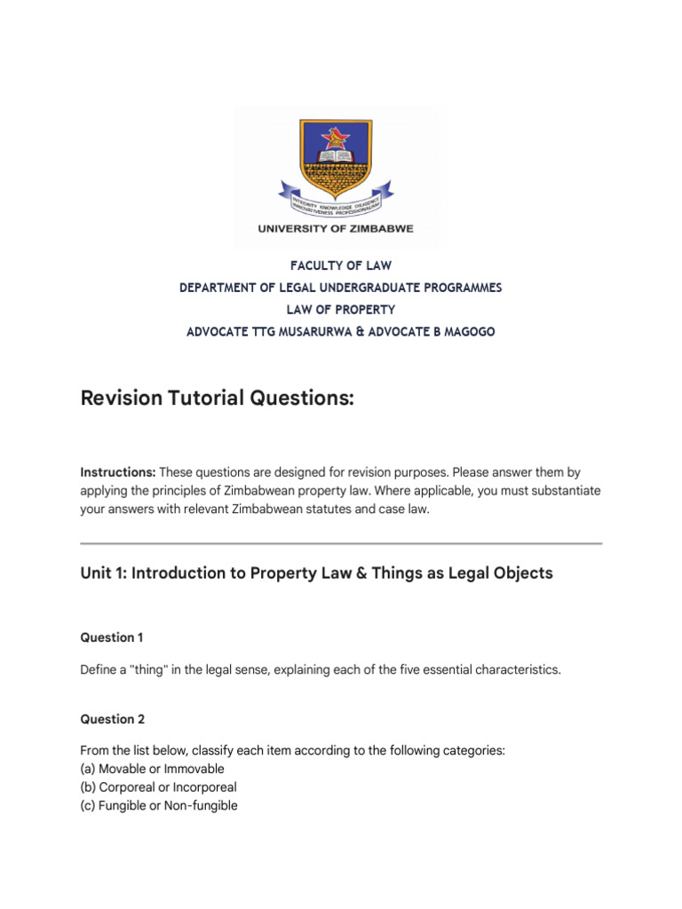 Tutorial Questions 1 2025 | PDF | Property | Private Law
