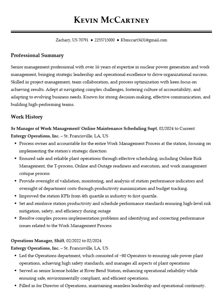 Senior Nuclear Operations Manager Profile | PDF | Nuclear Power ...
