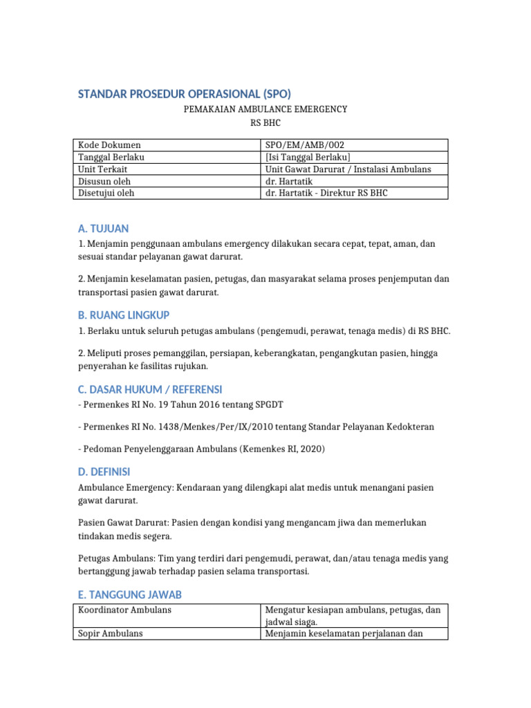 SPO Pemakaian Ambulance Emergency RS BHC | PDF