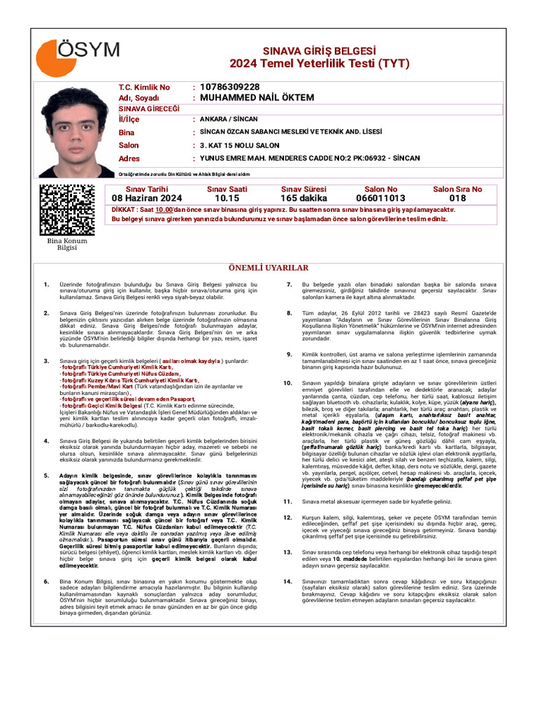 2024 Temel Yeterlilik Testi (TYT) : 10786309228 Muhammed Nail Öktem | PDF