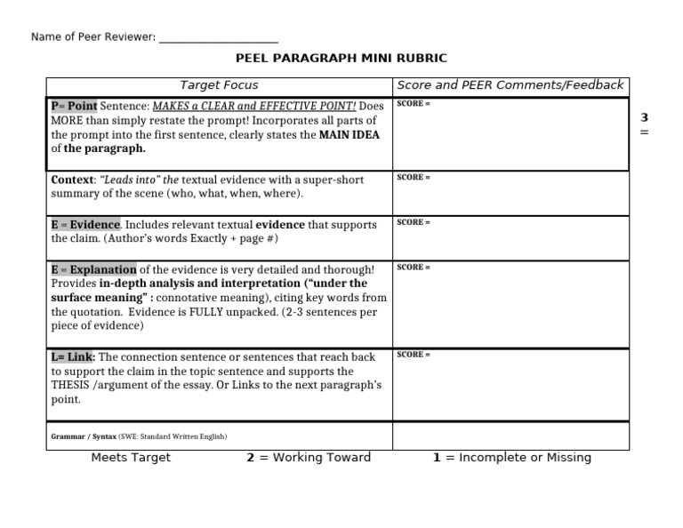 E4 - Peel Mini Paragraph Rubric (Big) | PDF