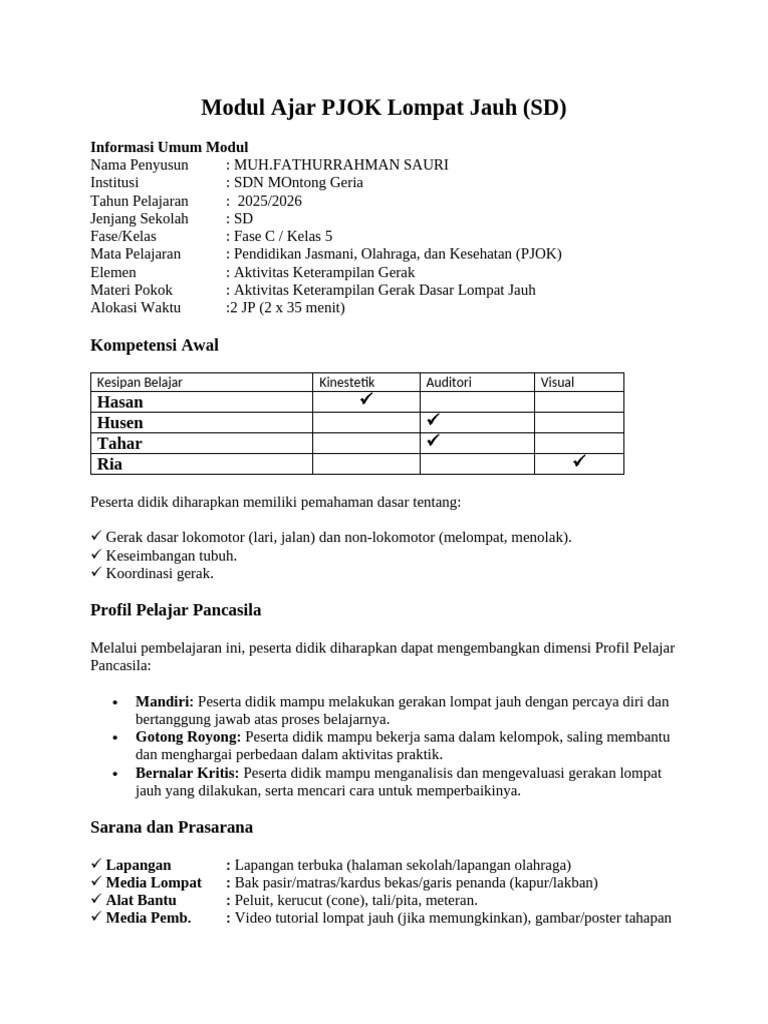 Modul Ajar Berdeferensiasi Pjok Lompat Jauh | PDF