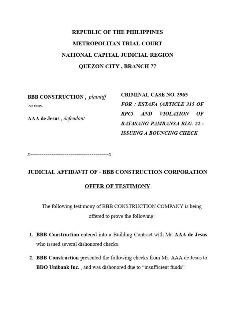 BBB Construction vs. AAA de Jesus Estafa Case | PDF | Affidavit ...