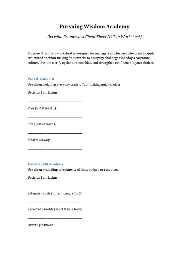 Decision-Making Frameworks Cheat Sheet | PDF | Decision Making | Swot ...