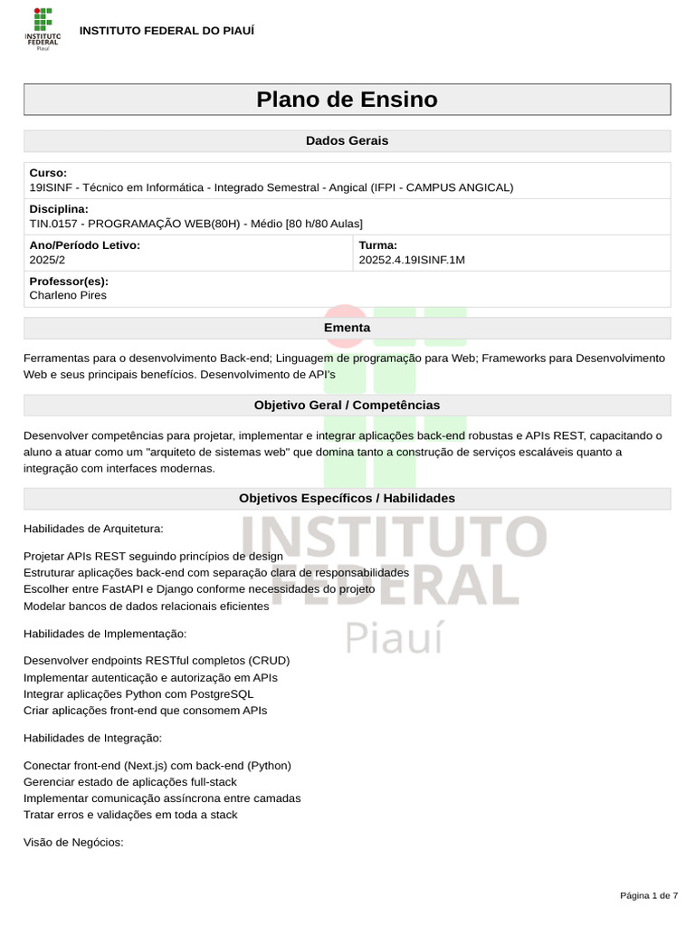 Plano de Ensino: Programação Web IFPI | PDF | Postgre SQL | Python ...