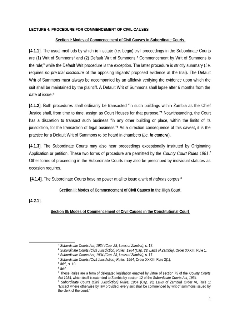 Lecture 4-Modes of Commencement of Civil Proceedings in The Subordinate ...