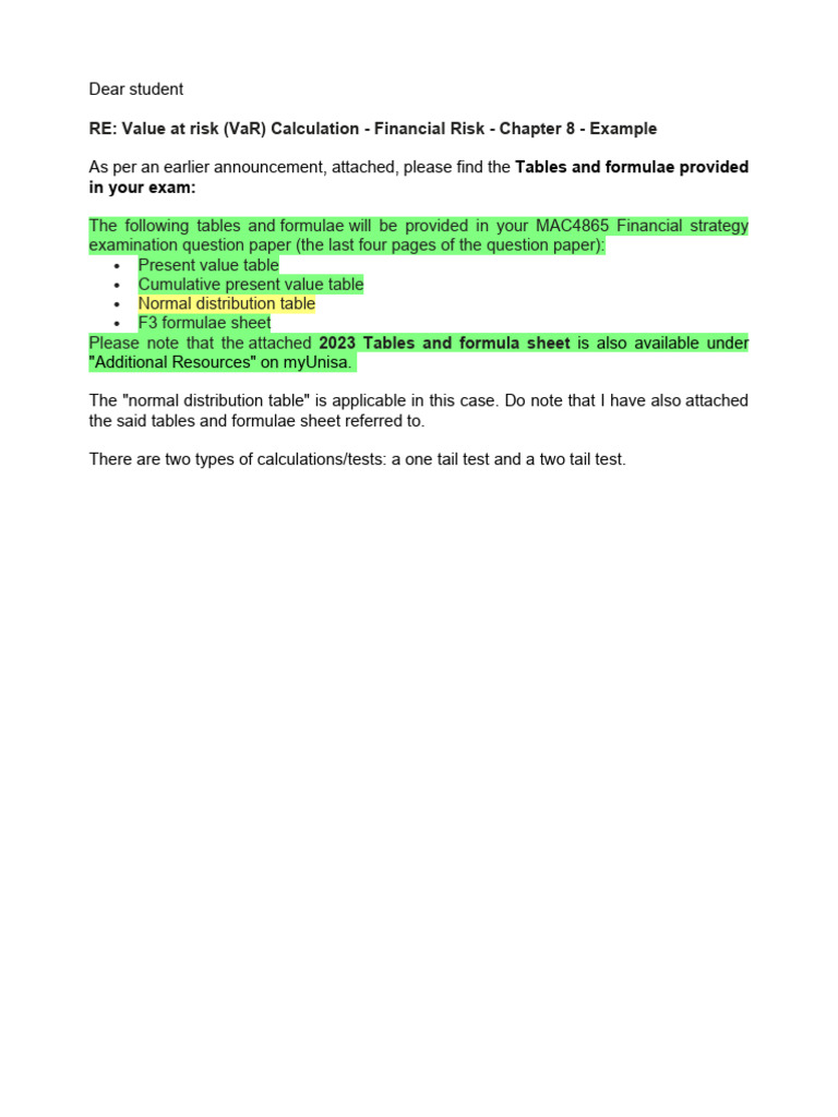 VAR Calculation - Financial Risk Chapter 8 - Study Text Example | PDF ...