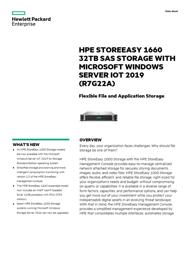 Hpe Storeeasy 1660 32tb Sas Storage With Microsoft Windows Server Iot 2019 Data Sheet (R7g22a ...
