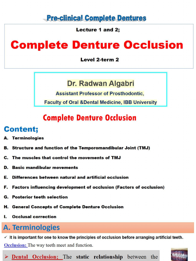 1,2. Lec 1 and 2. L2 T1 Occlusion Complete Denture | PDF