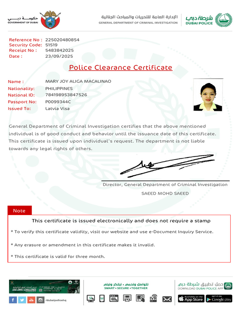Police Clearance Certificate: Reference No: Security Code: Date ...