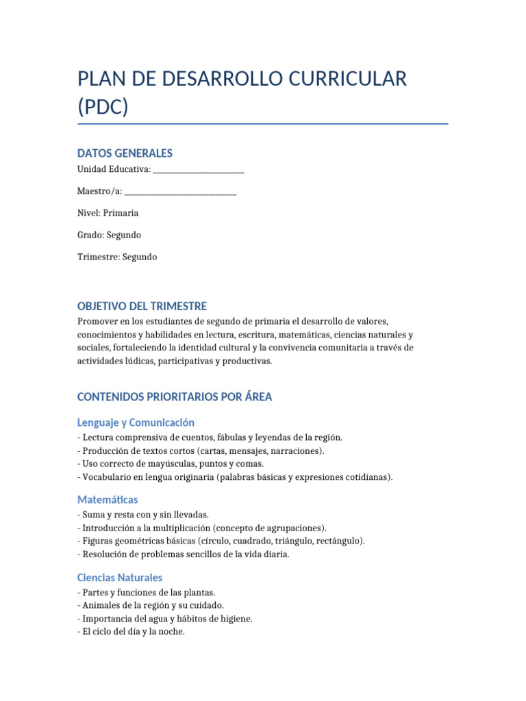 PDC 2do Primaria Segundo Trimestre | PDF