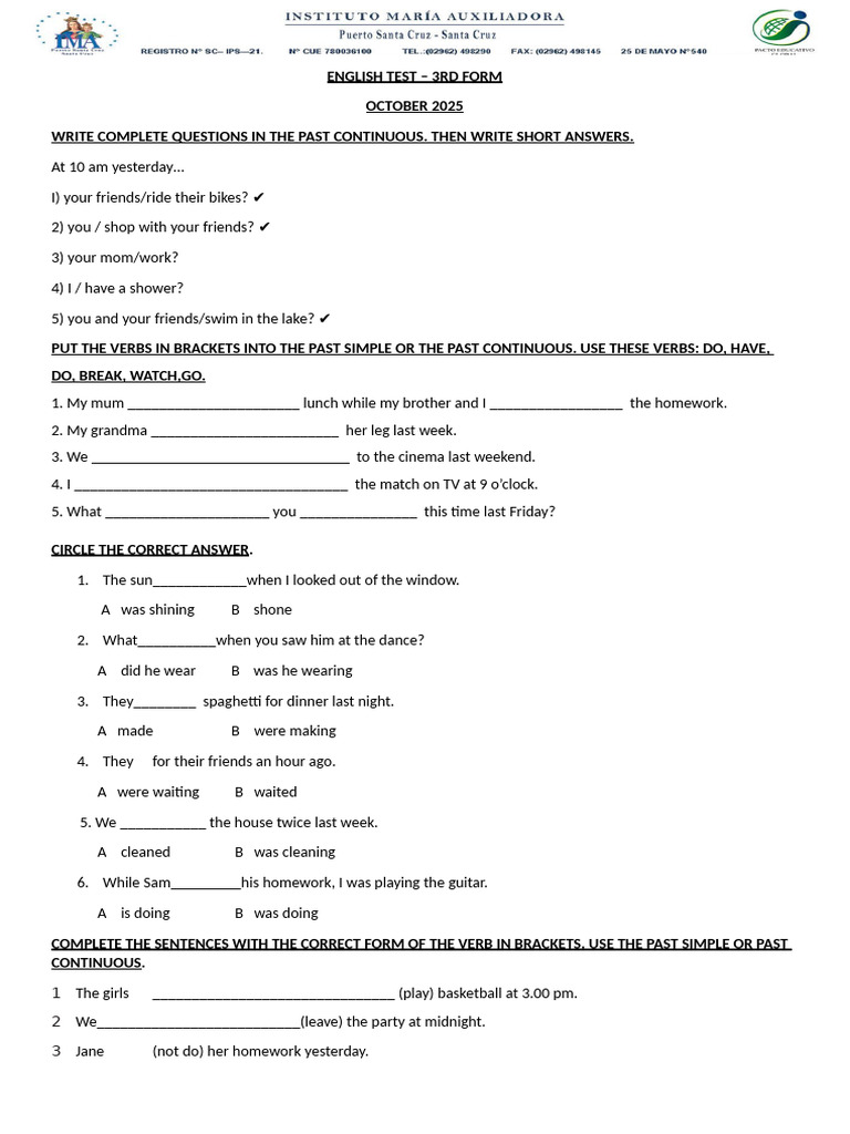 Past Continuous English Test 3rd Form | PDF