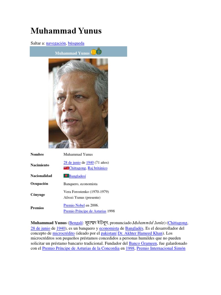 Biografía de Muhammad Yunus y su legado | PDF | Banco Grameen | Bangladesh