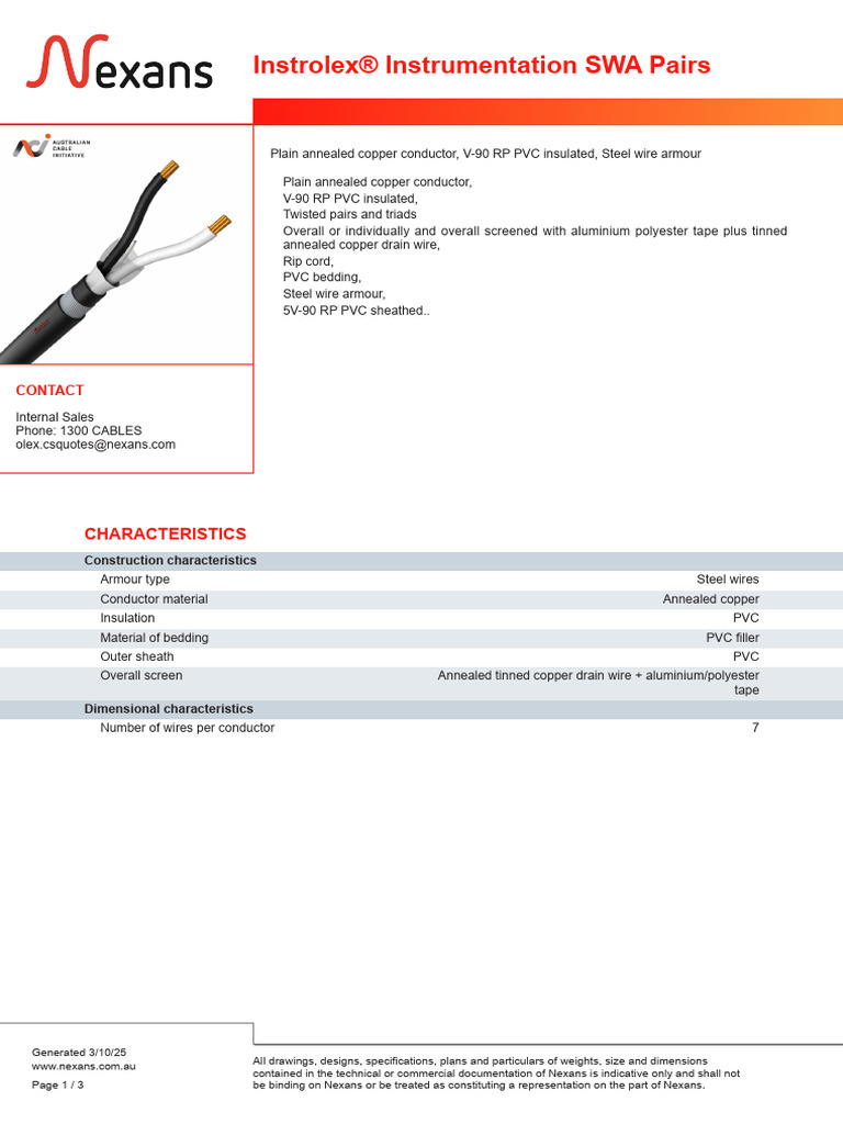 Nexans Instrolex Instrumentation SWA... | PDF | Wire | Electrical Conductor