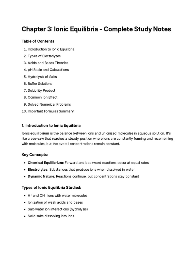 Ionic Equilibria Study Notes Guide | PDF | Acid | Chemical Equilibrium