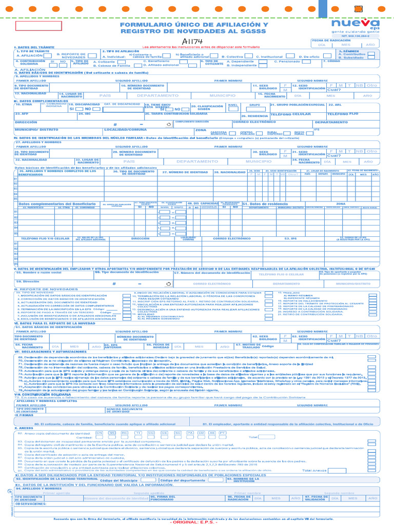 Nueva EPS Formulario Único de Afiliación 2025 | PDF