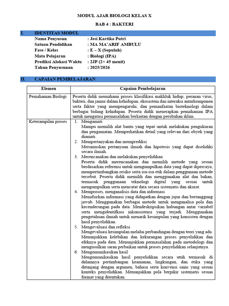 Modul Ajar Biologi Bakteri Jesi (Fase E-Kelas X) | PDF