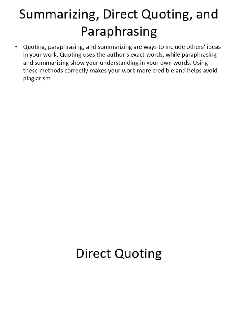 Quoting, Paraphrasing, Summarizing Guide | PDF | Citation | Human ...