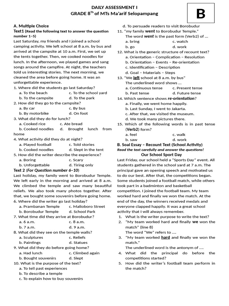 Grade 8 Daily Assessment: Recount Texts | PDF