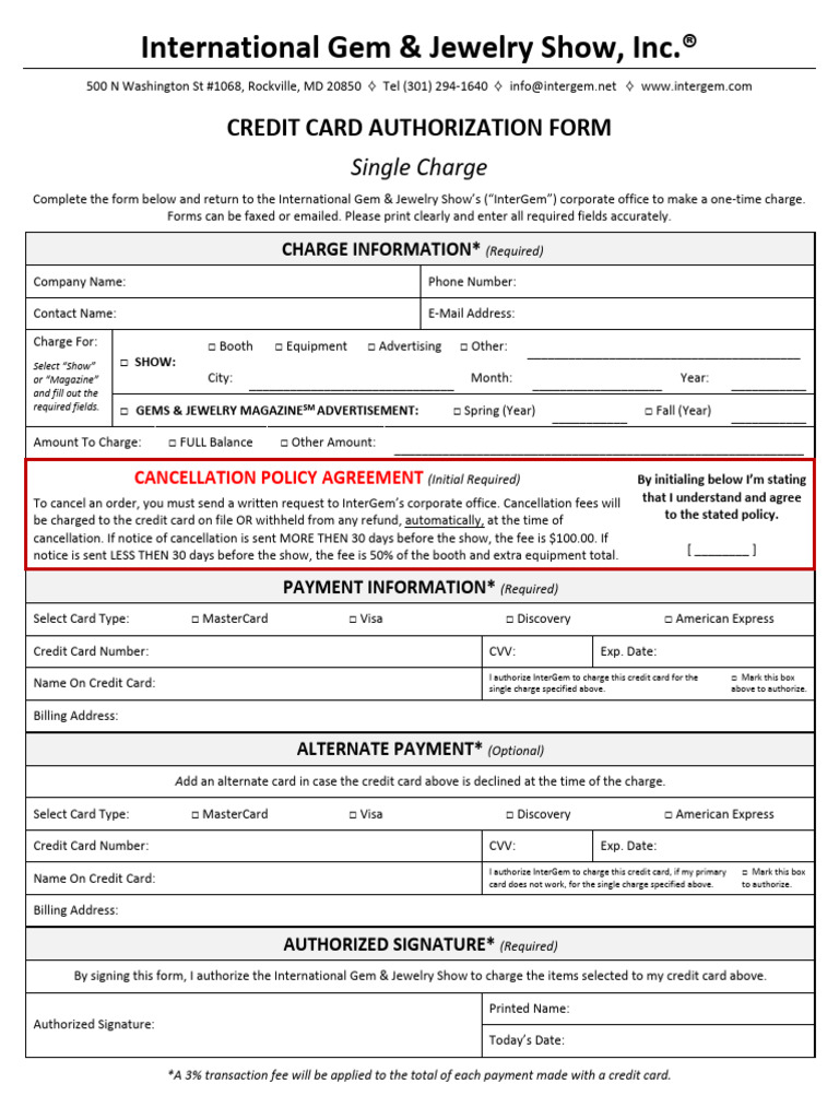 Credit+Card+Authorization+Form Single+Charge | PDF | Credit Card | Visa ...