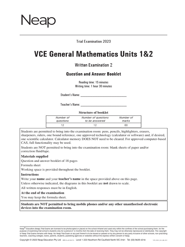 VCE General Maths Units 1&2 Exam 2023 | PDF