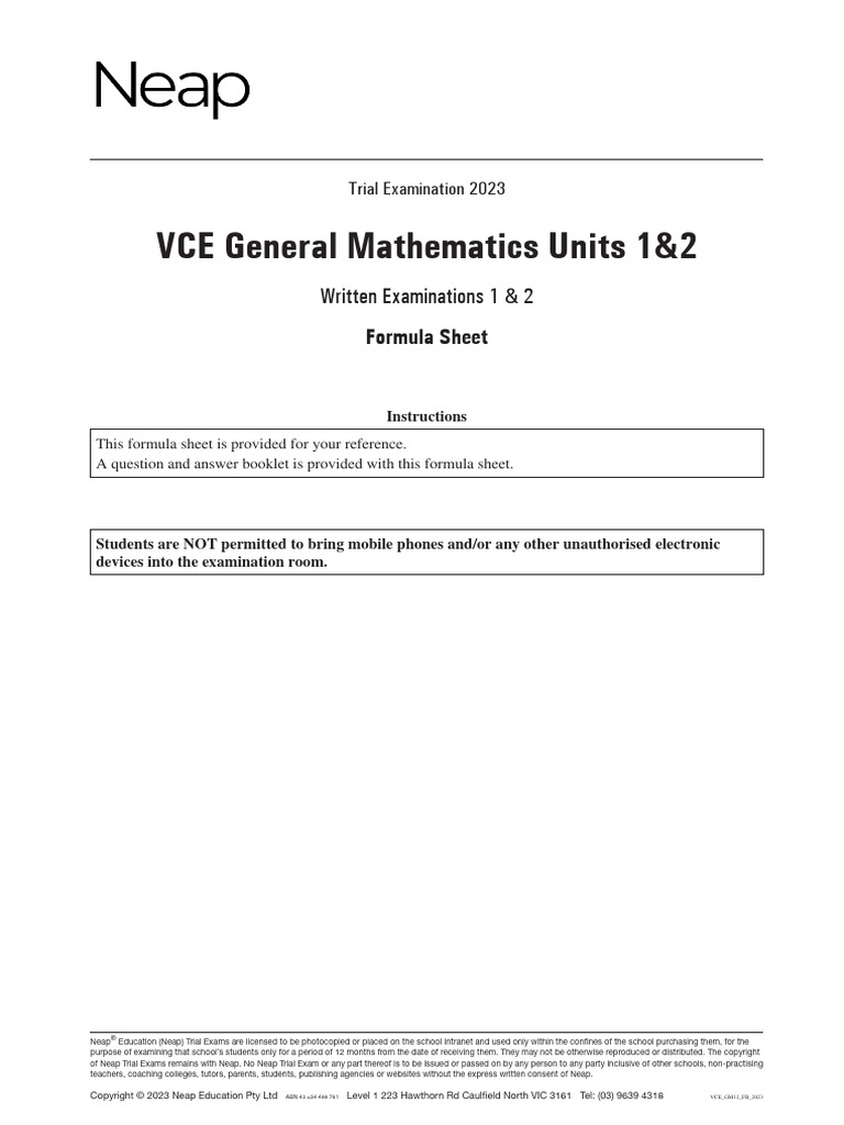 VCE General Maths Formula Sheet 2023 | PDF | Area | Mathematics