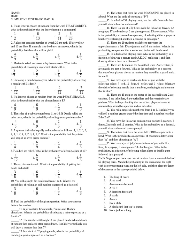 Summative Test Grade 8FDGNBDN Iegjfbnxlgn | PDF | Probability