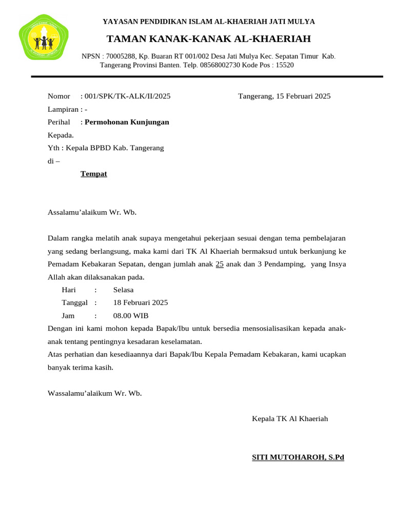 Permohonan Kunjungan TK Al Khaeriah | PDF