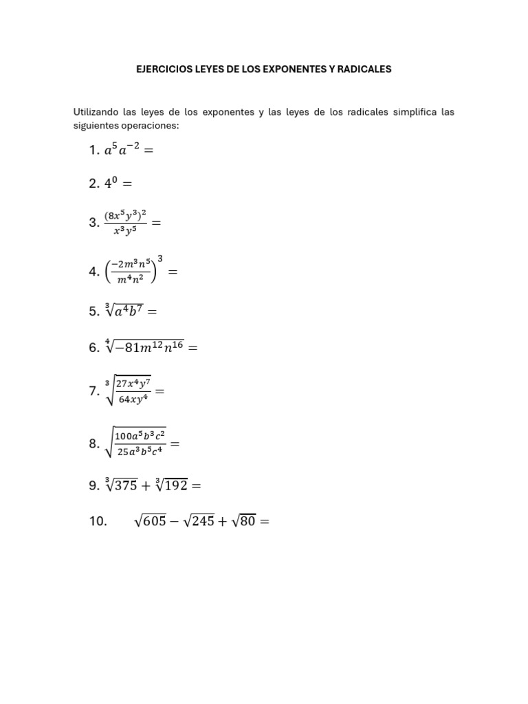 Ejercicios de leyes de exponentes y radicales | PDF