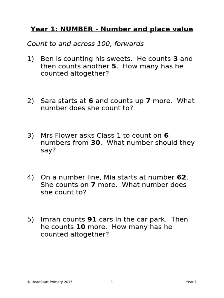 Page 1 - Count To and Across 100, Forwards | PDF