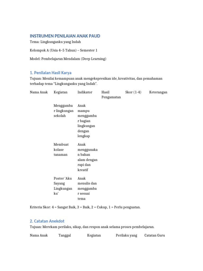 Asesmen Kegiatan Tema Lingkunganku PAUD | PDF