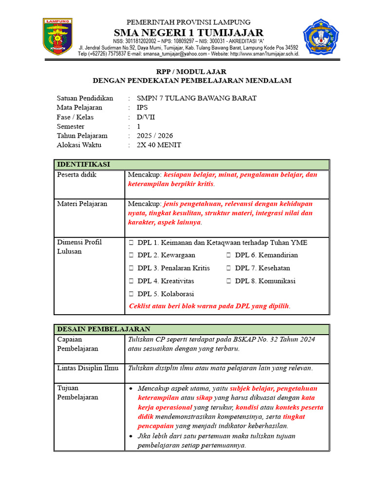 Template RPP-Modul Ajar | PDF