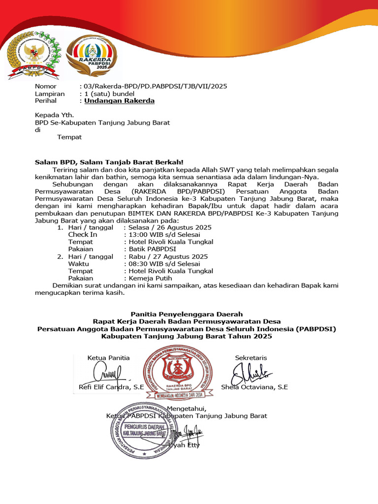 Undangan Rakerda BPD Tanjung Jabung 2025 | PDF