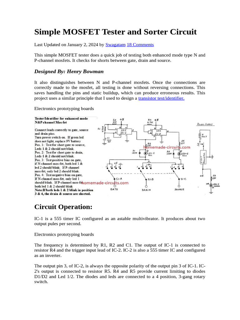Simple MOSFET Tester and Sorter Circuit | PDF | Field Effect Transistor ...