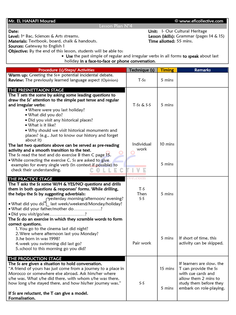 Grammar Lesson Plan: Past Simple Verbs | PDF | Linguistics | Grammar