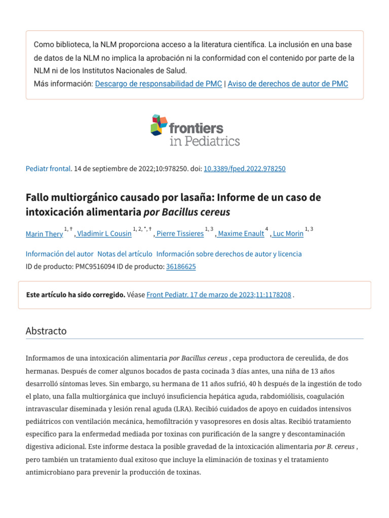 Fallo Multiorgánico Causado Por Lasaña - Informe de Un Caso de Intoxicación Alimentaria Por ...