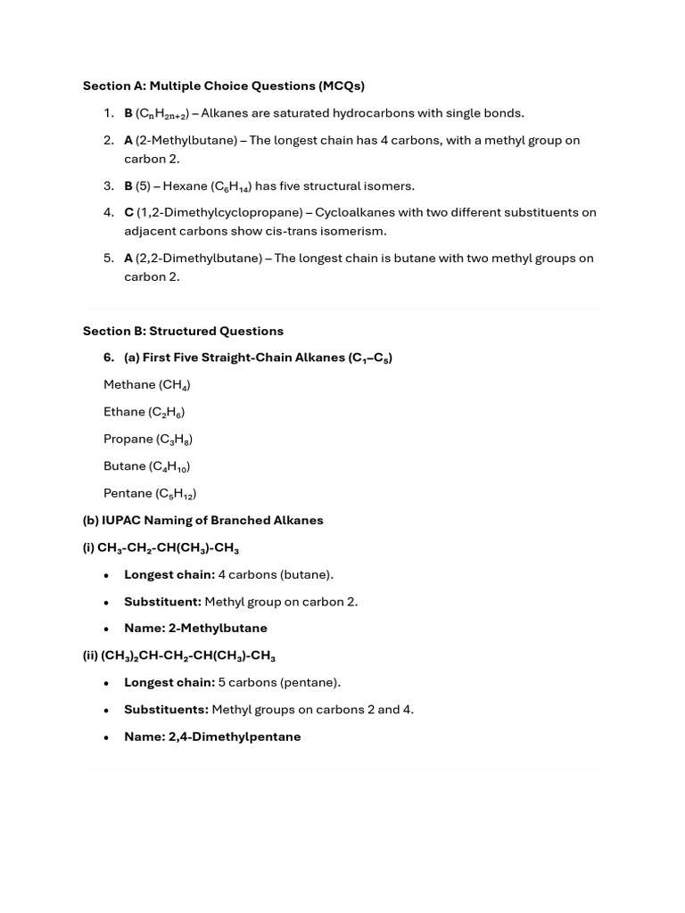 Answer Exercise Alkanes (B) (C) | PDF | Alkane | Organic Chemistry