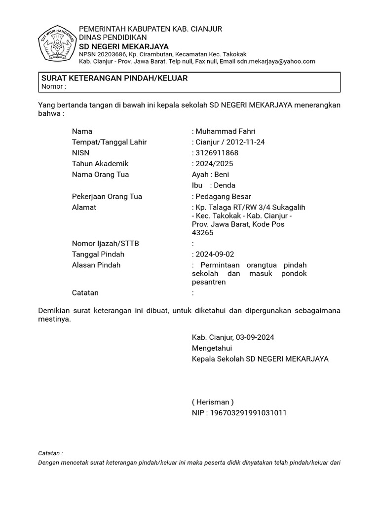 Suket Pindah Fahri | PDF