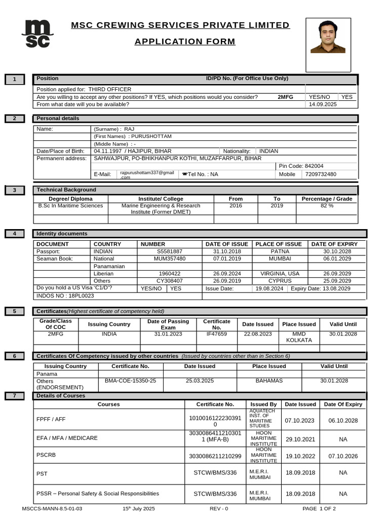 MSC Application Form New | PDF | Water Transport | Shipping