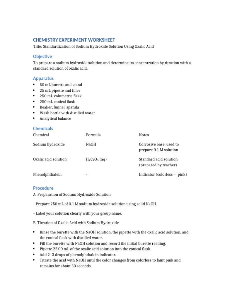 Worksheet Standardization of NaOH | PDF | Titration | Chemistry