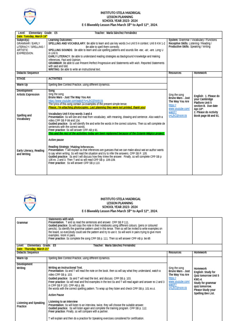 E5 Biweekly Lesson Plan: Grammar & Literacy | PDF | Linguistics | Human ...