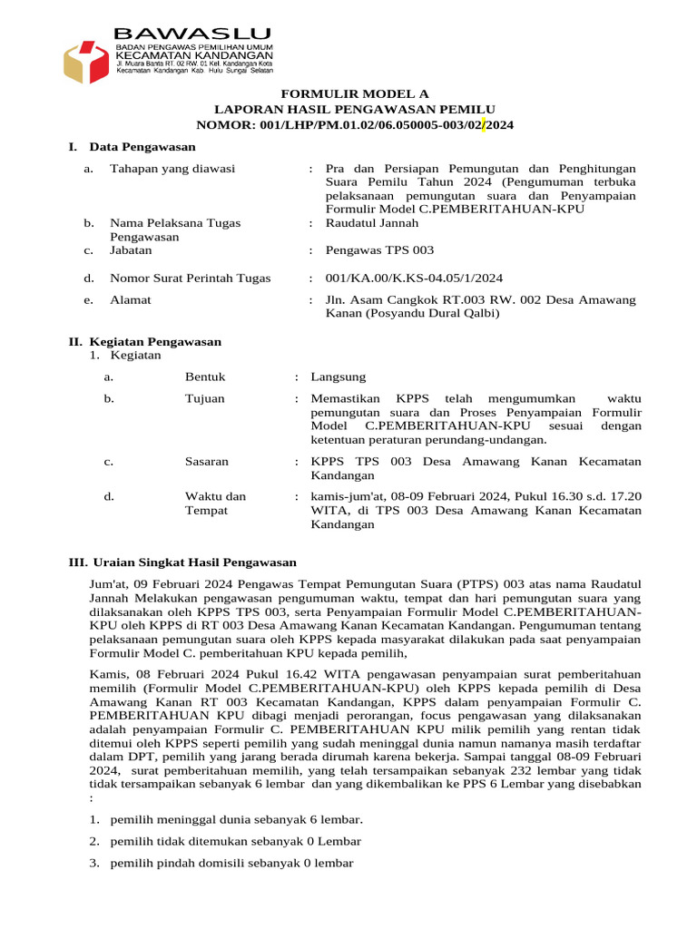 Laporan Pengawasan Pemilu 2024 TPS 003 | PDF