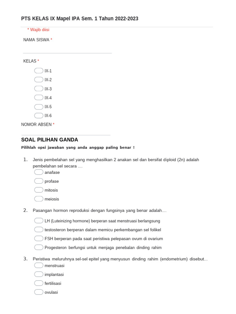PTS KELAS IX Mapel IPA Sem. 1 Tahun 2022-2023 | PDF