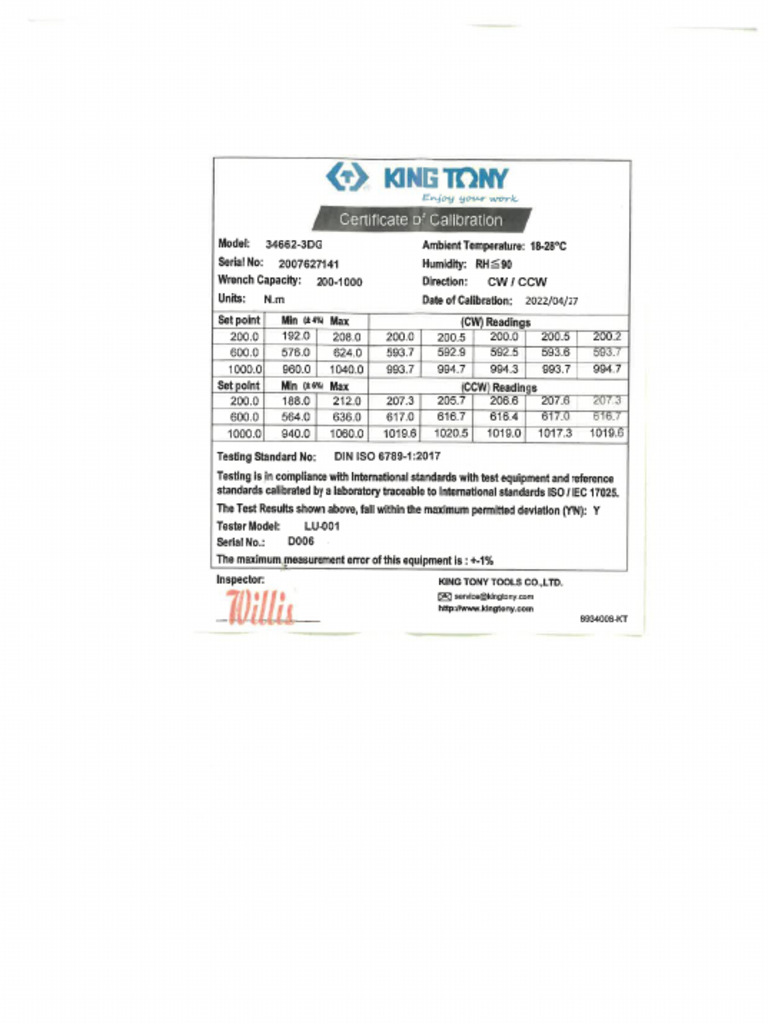 KT Torque Wrench Factory Certificate | PDF