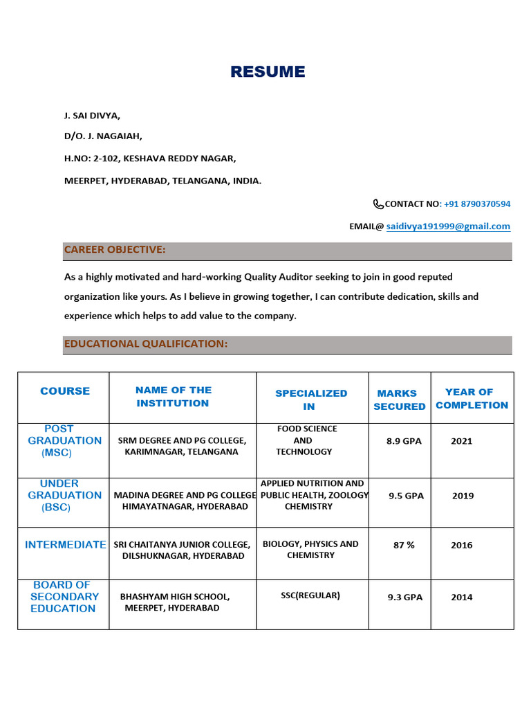 RESUME (SAI DIVYA) Quality | PDF