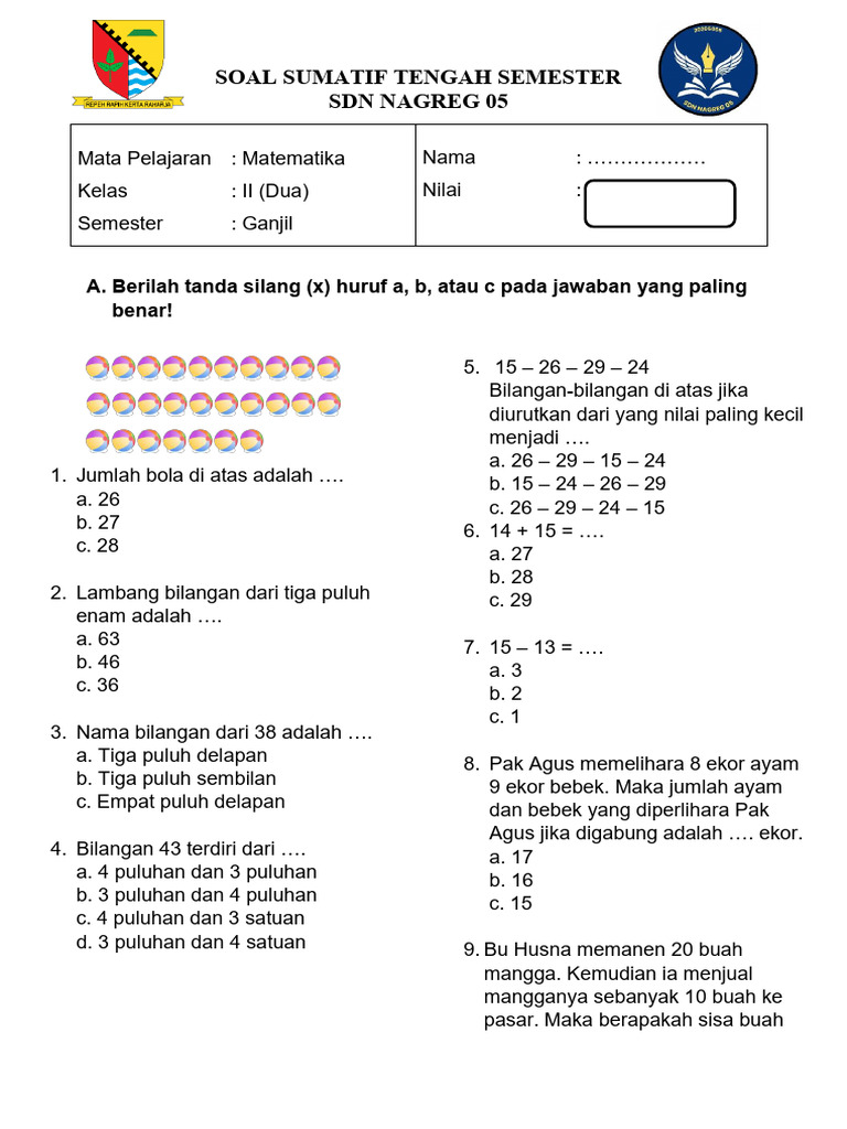 Soal STS 1 MTK Kelas 2 2025 | PDF