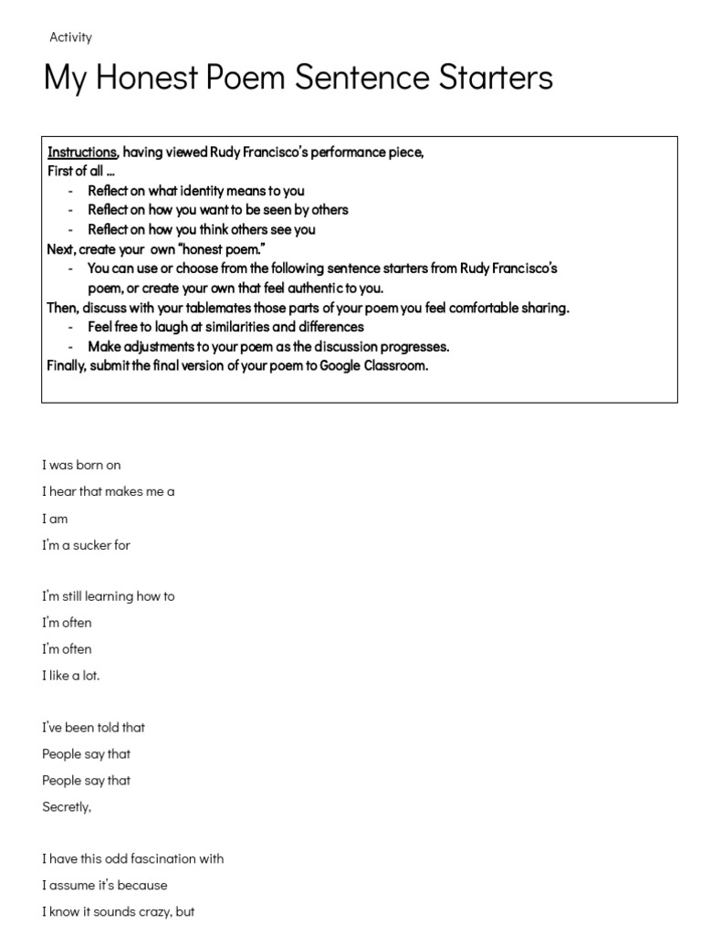 My Honest Poem Sentence Starters | PDF