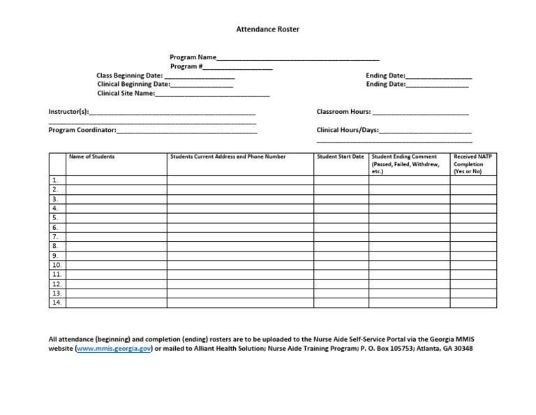 Nurse Aide Training Attendance Roster | PDF